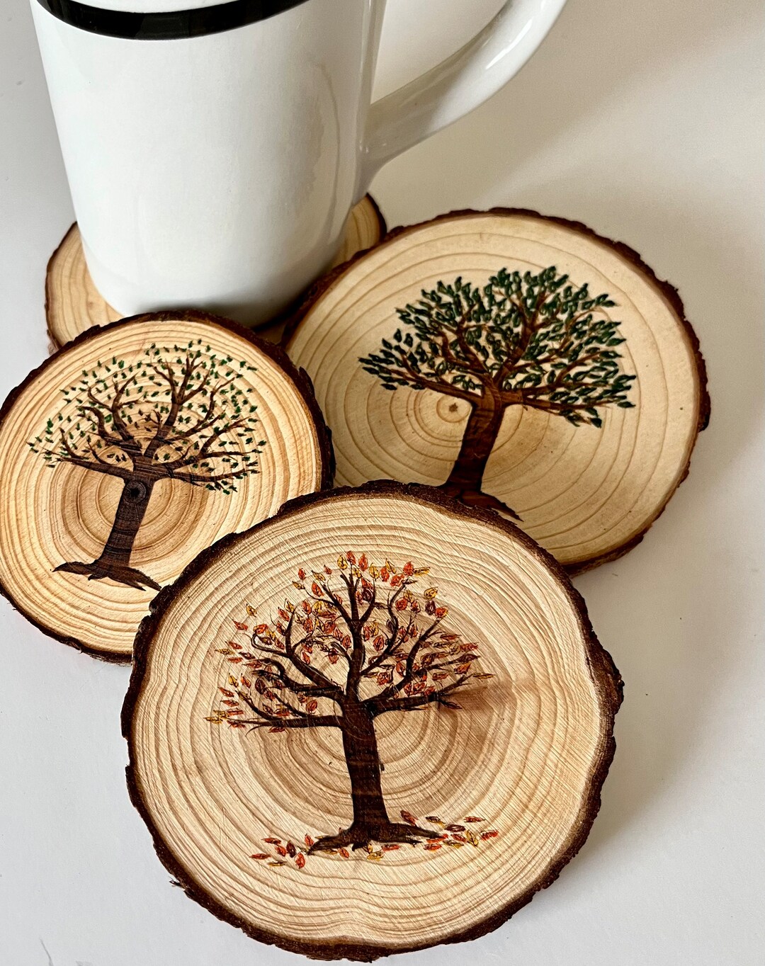 Wood, Hand Painted, Engraved Oak Tree Coasters, Nature Decor ...