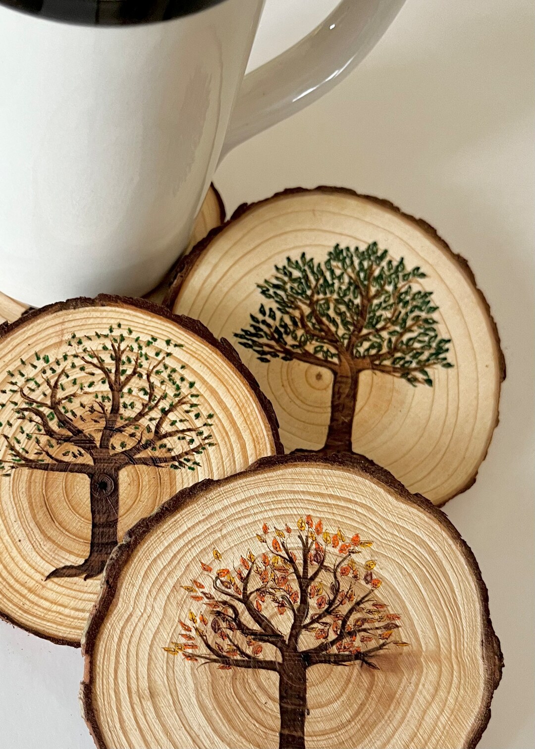 Handpainted Engraved Round Wood Tree Coasters, Nature Decor ...