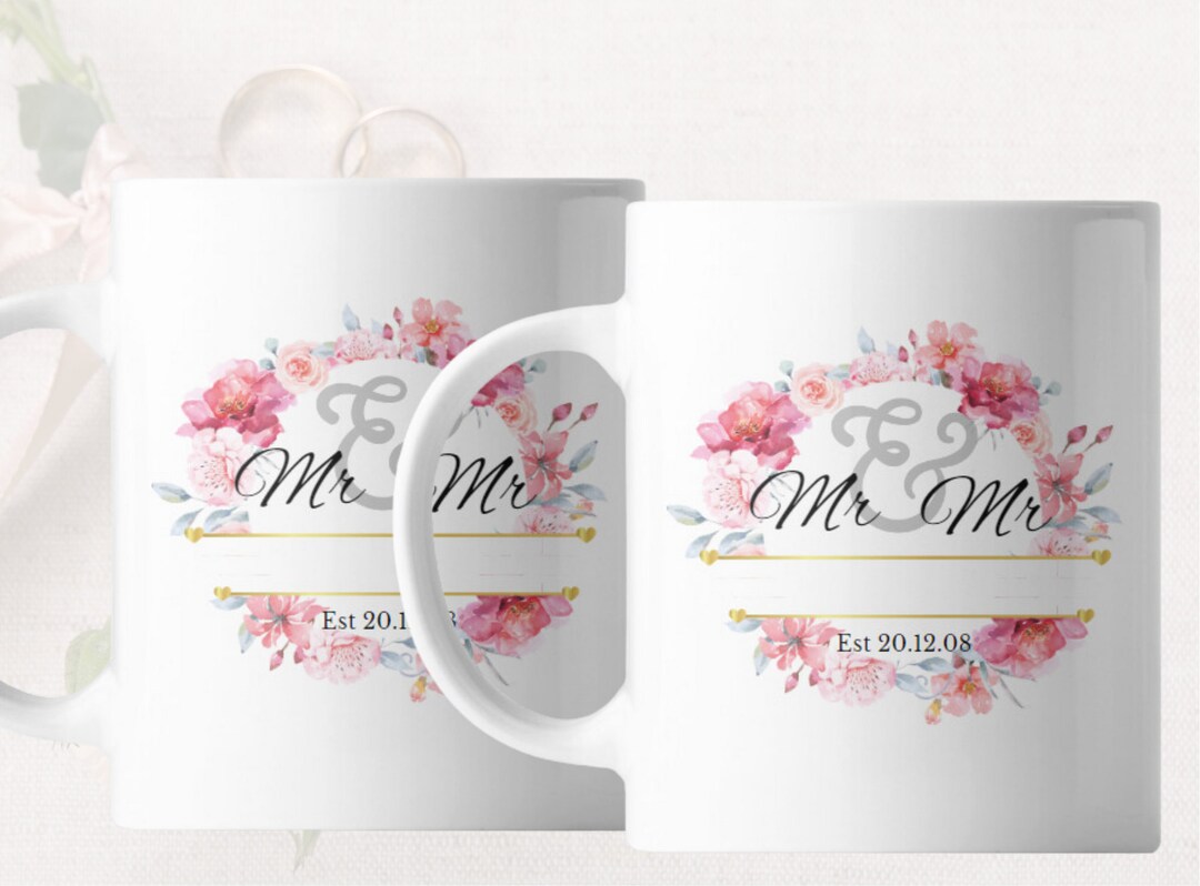 Personalised Couples Wedding Mugs With Pink Floral Design - Wedding ...