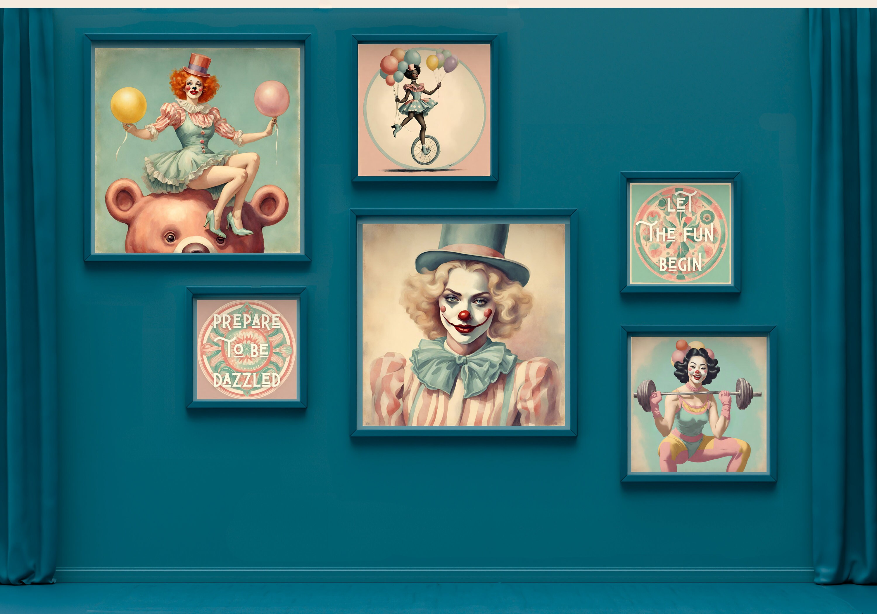 Poster, Carnival Circus Clown Collection, Unicycle Clown, Pastel Decor ...