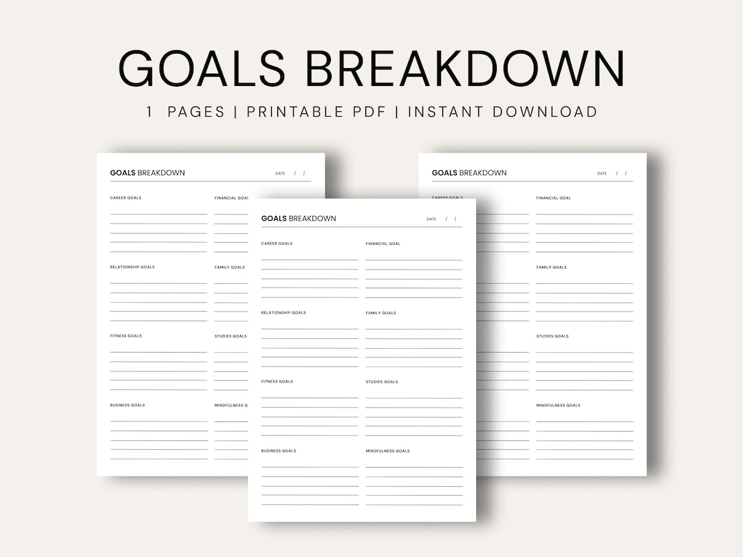 Goals Breakdown Planner | Printable Goal Setting Worksheet | Instant ...