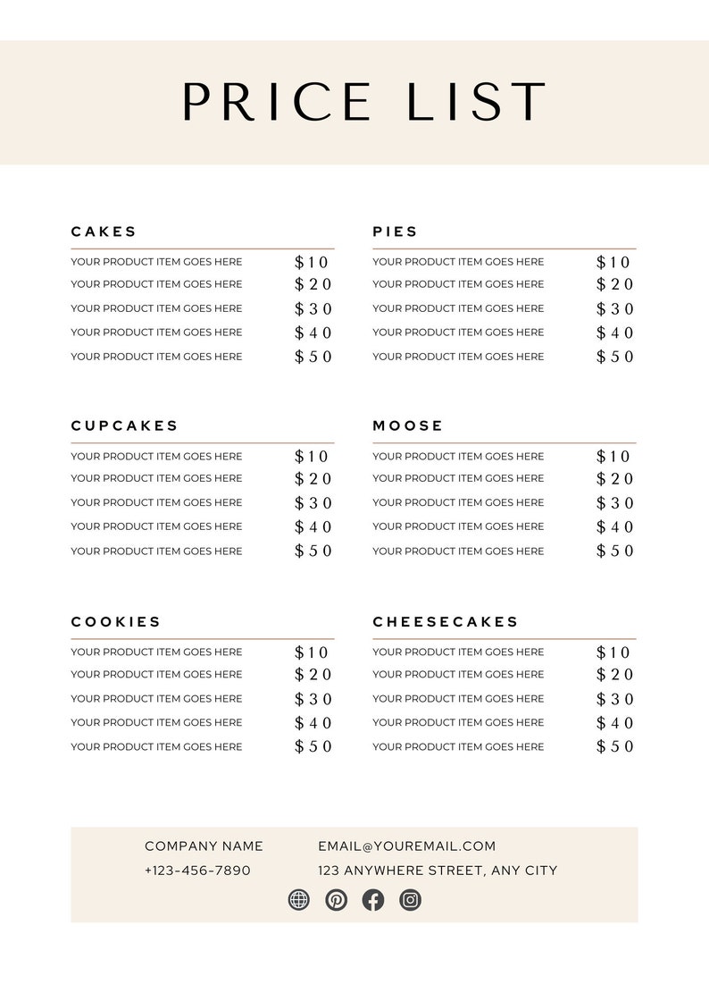 Bakery Price List Template by Generational Luxury• Editable Price List ...