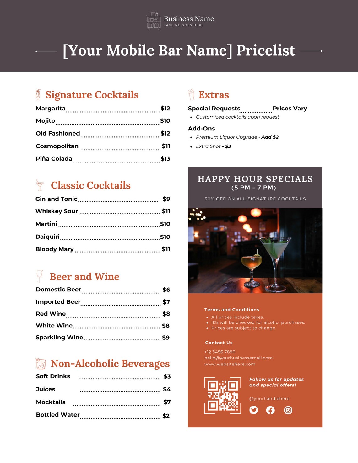 Mobile Bar Price List Template: Editable Canva Design - Etsy