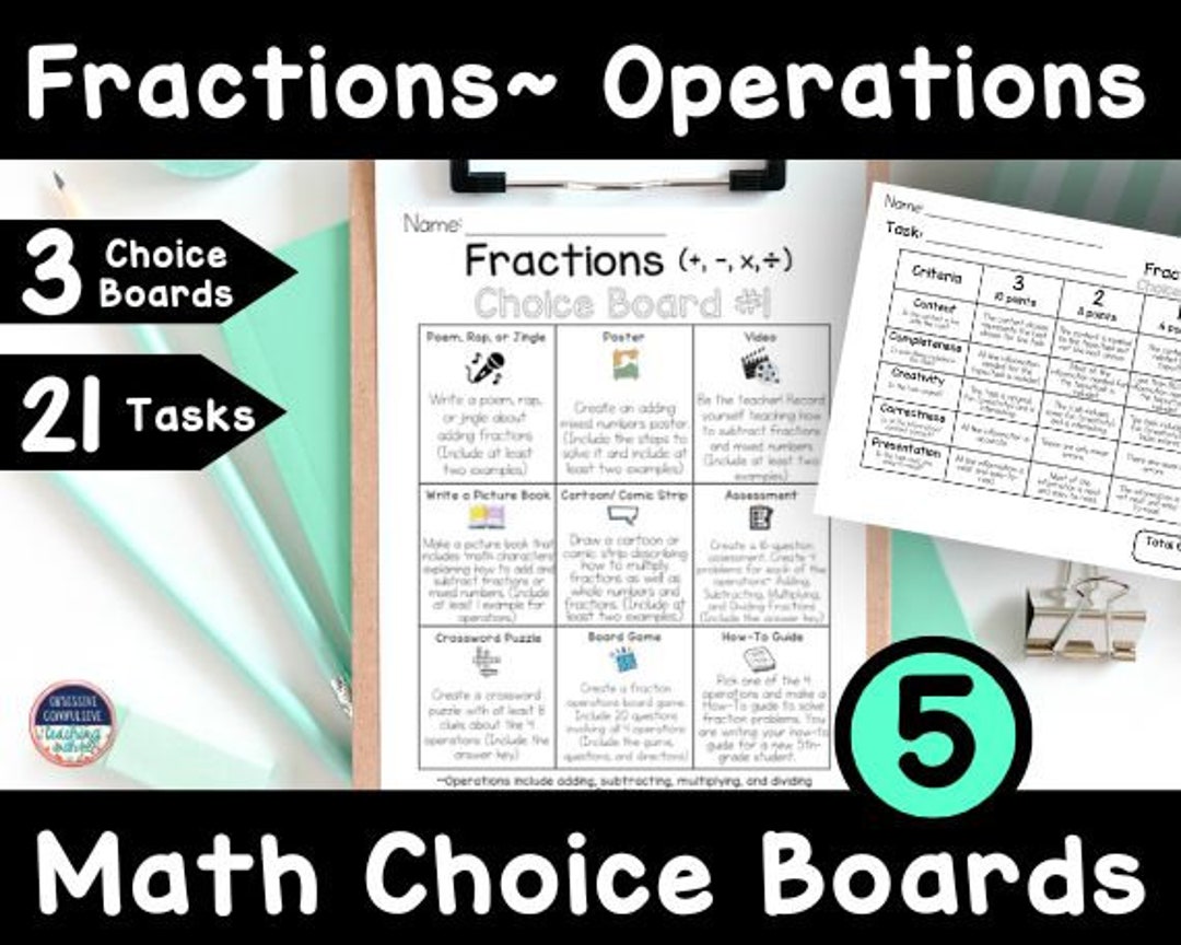 5th Grade Math Choice Boards Fractions Activities - Etsy