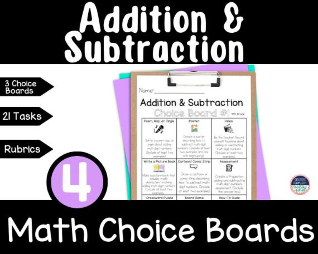 4th Grade Math Choice Boards Addition and Subtraction Activities - Etsy