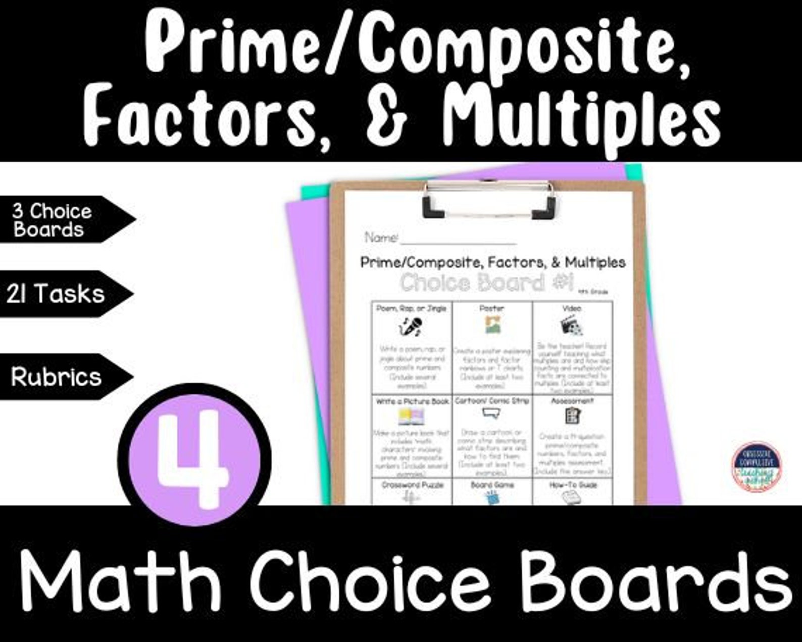 4th Grade Math Choice Boards Prime, Composite, Factors, and Multiples ...