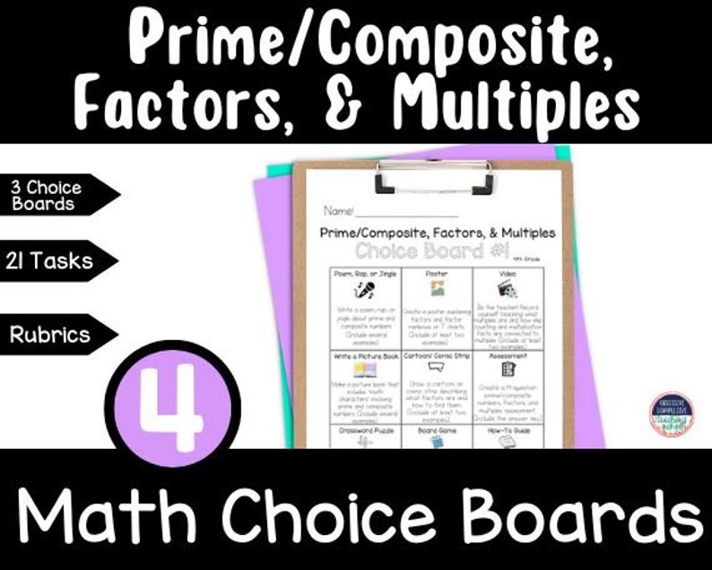 4th Grade Math Choice Boards Prime, Composite, Factors, and Multiples ...