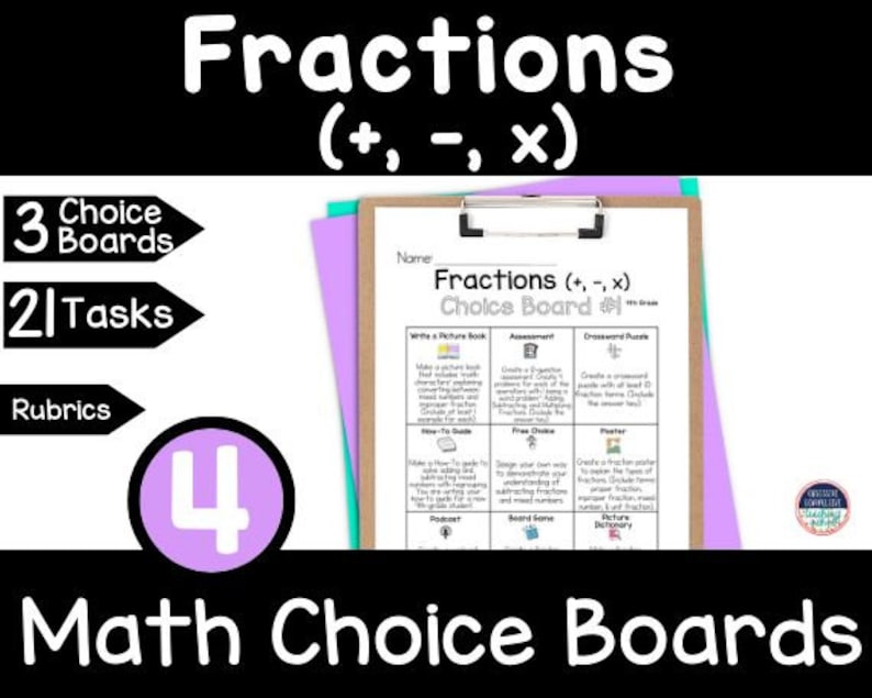 4th Grade Math Choice Boards Fraction Operations- Activities - Etsy