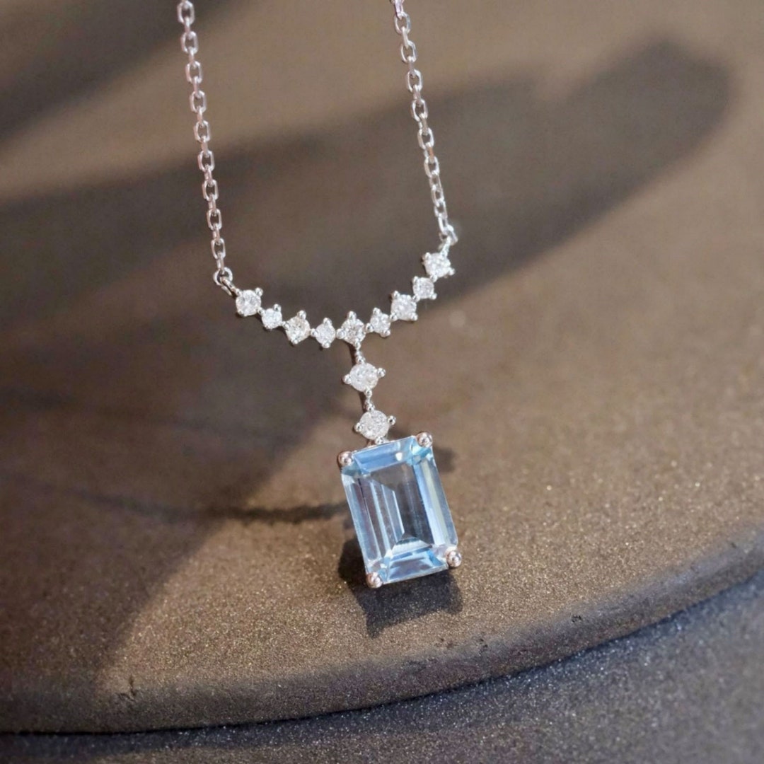 Natural Aquamarine Necklace/18k Solid White Gold Aquamarine Necklace ...