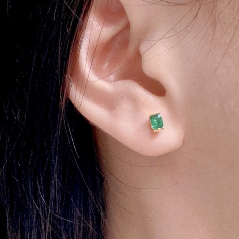 Unique Genuine Emerald Stud Earrings/18k Solid Gold Emerald Cut Emerald Studs/dainty Emerald ...