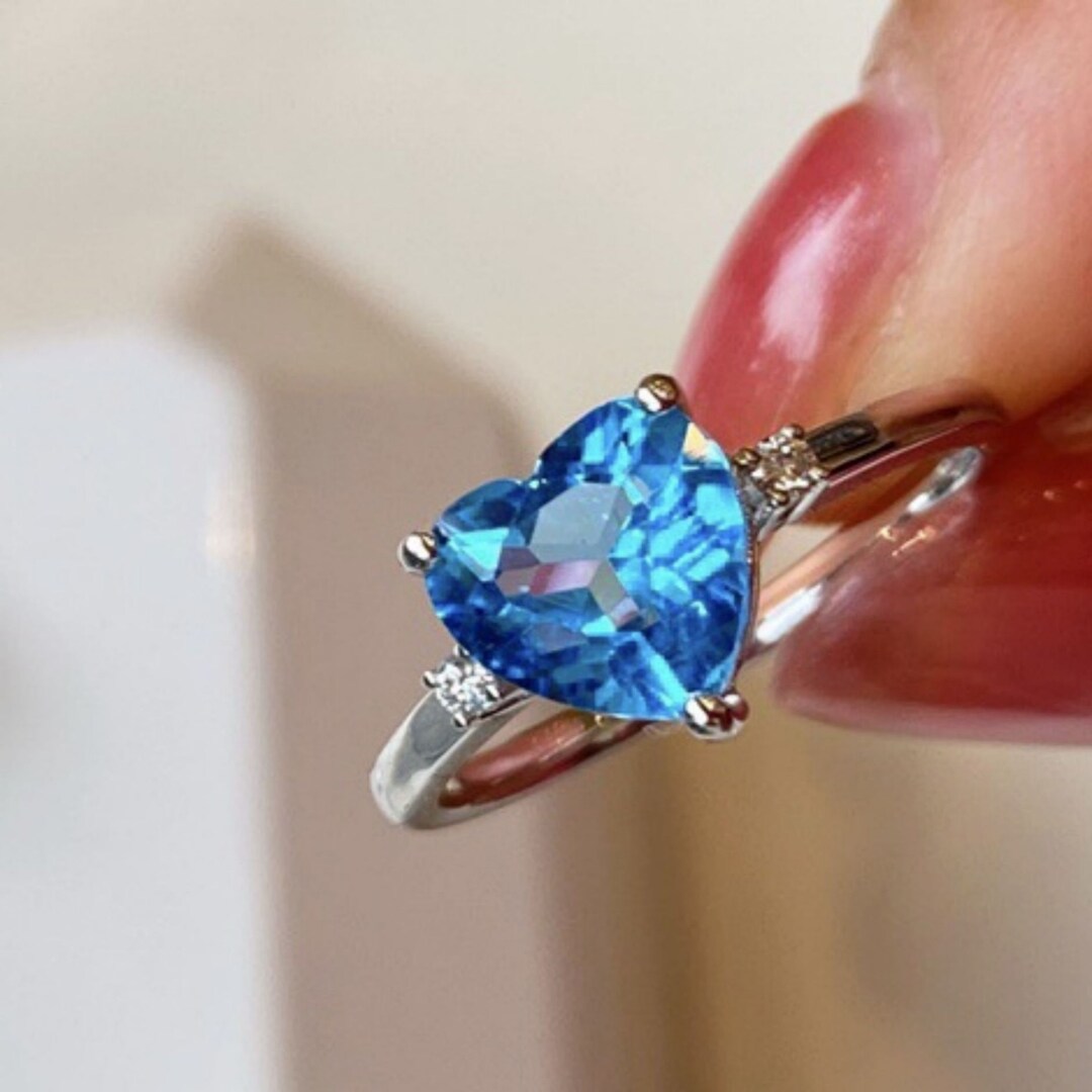 Genuine Swiss Blue Topaz Ring/18k White Gold Heart Cut Topaz Ring ...