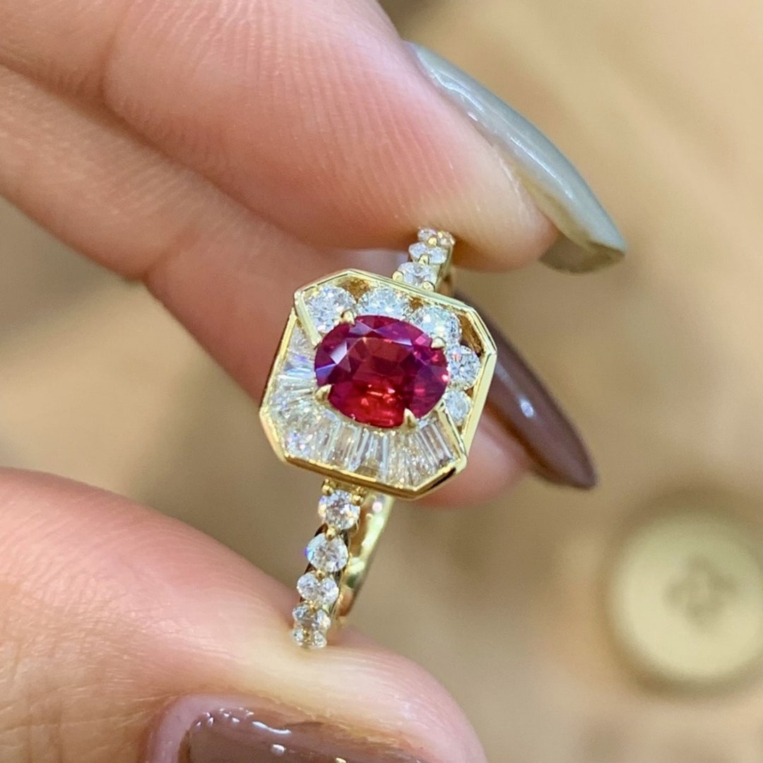 Genuine Ruby Ring/18k Solid Yellow Gold Oval Cut Ruby Ring/real Ruby Engagement Ring/unique Raw ...