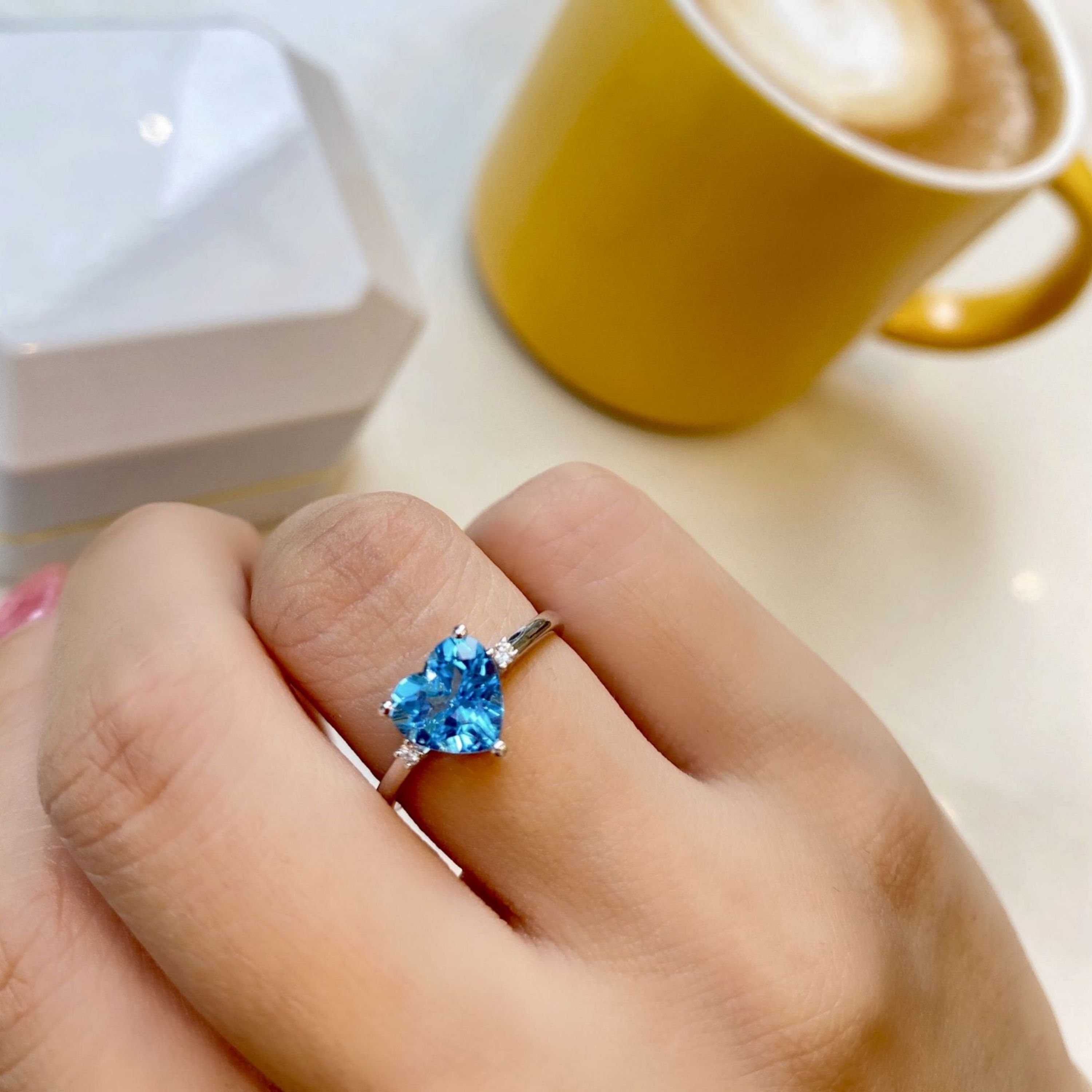 Genuine Swiss Blue Topaz Ring/18k White Gold Heart Cut Topaz Ring ...