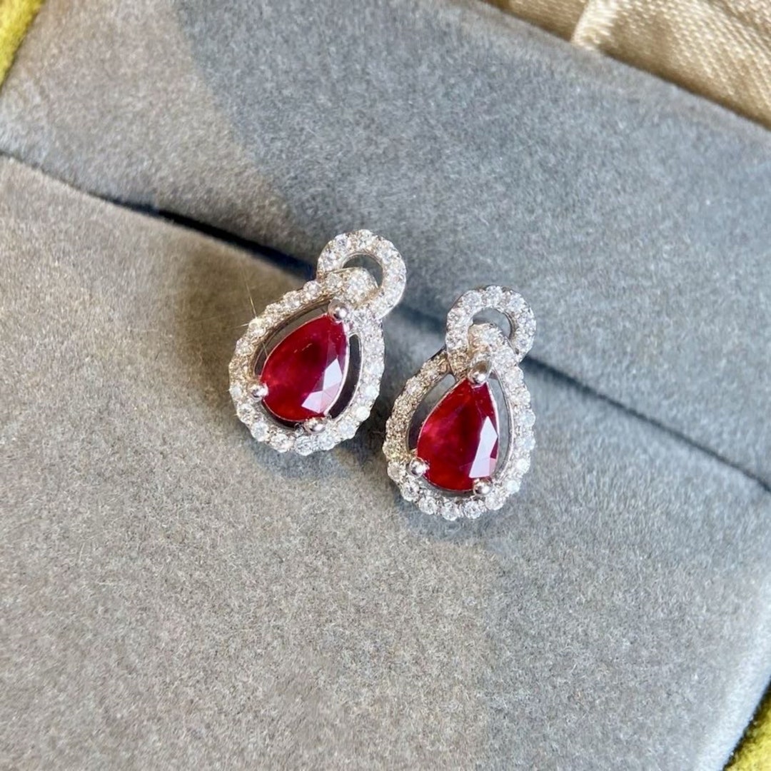 Natural Ruby Stud Earrings/genuine Ruby Earrings/18k Solid Gold Pear ...