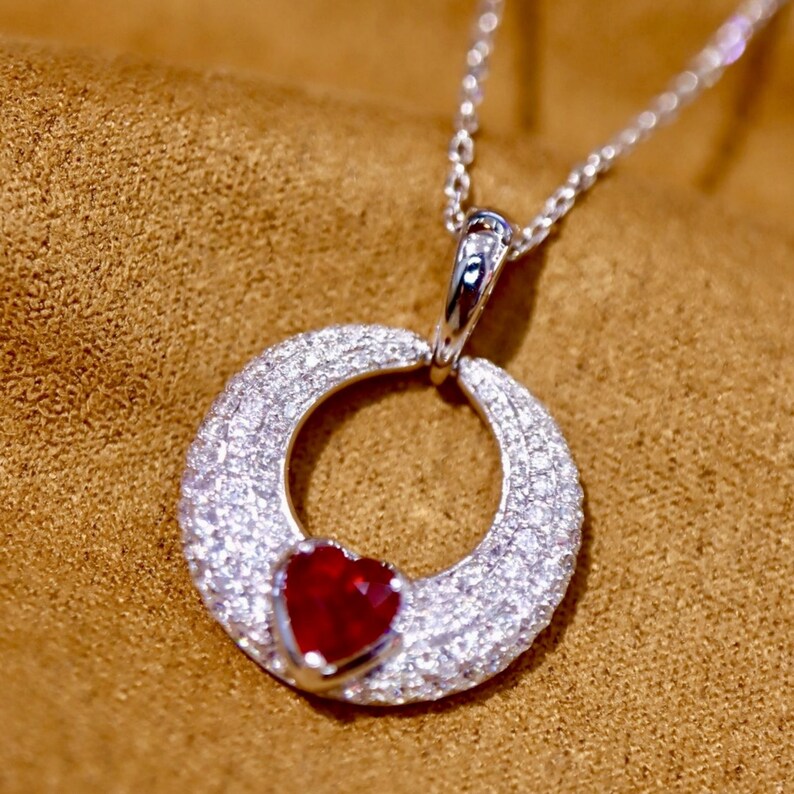 Genuine Ruby Pendant/18k Solid White Gold Heart Ruby Pendant/real ...