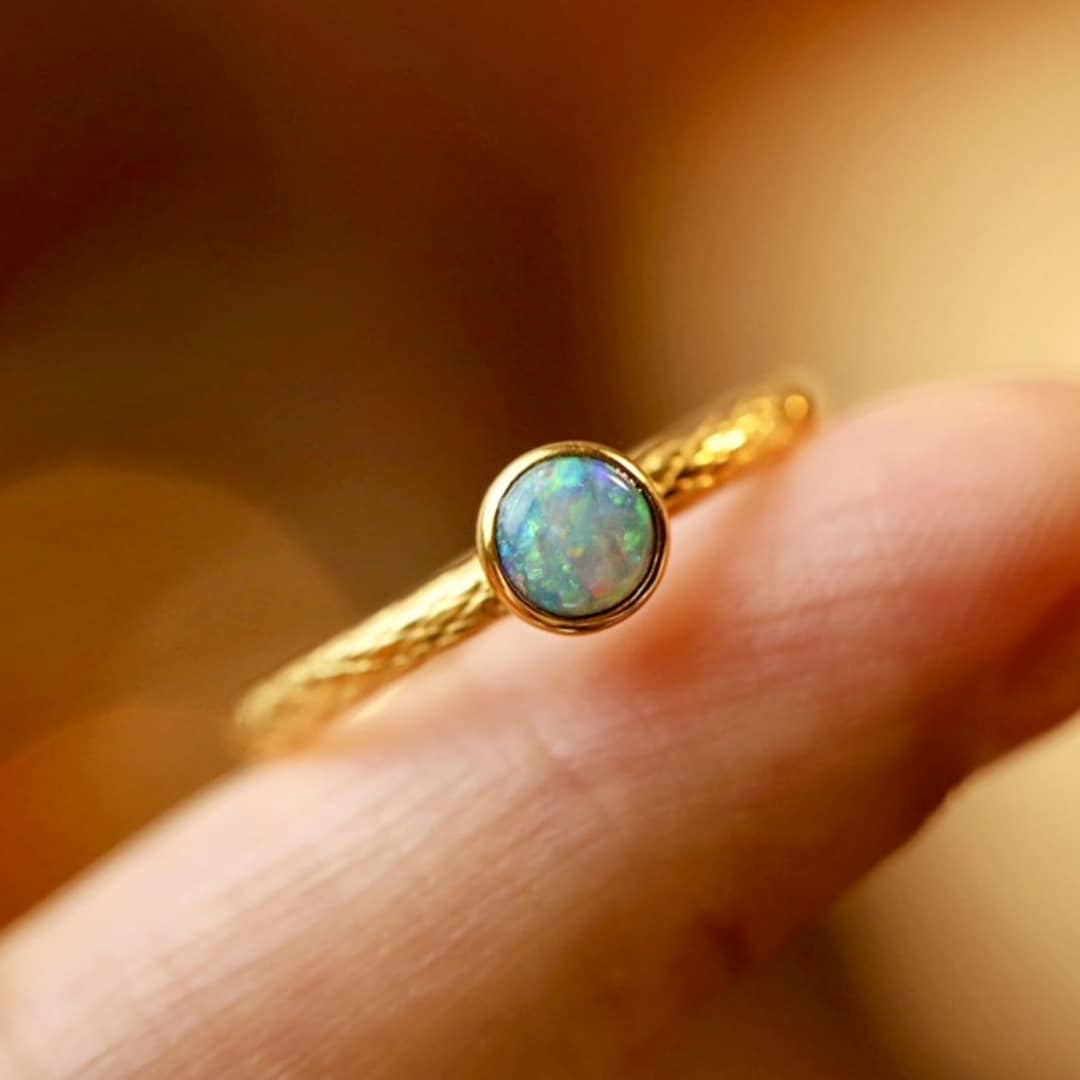 Genuine Blue Opal Ring/18k Solid Gold Australian Opal Ring/minimalist ...