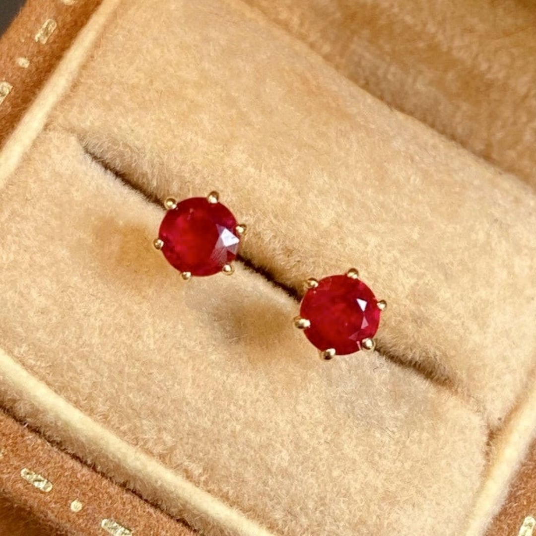 Genuine Ruby Earrings/minimalist Ruby Stud Earrings/raw Ruby Earrings/18k Yellow Gold Ruby ...