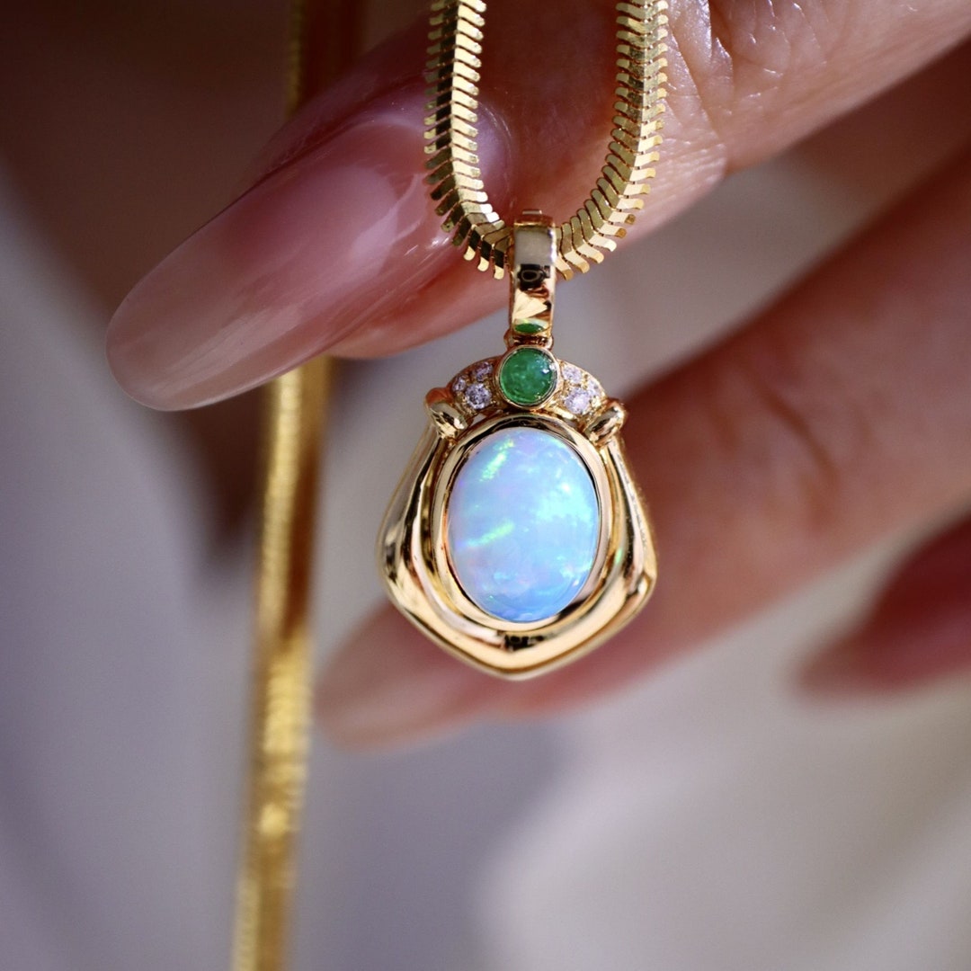 18k Solid Gold Opal Pendant/oval Opal Pendant/handmade Art Deco Opal ...