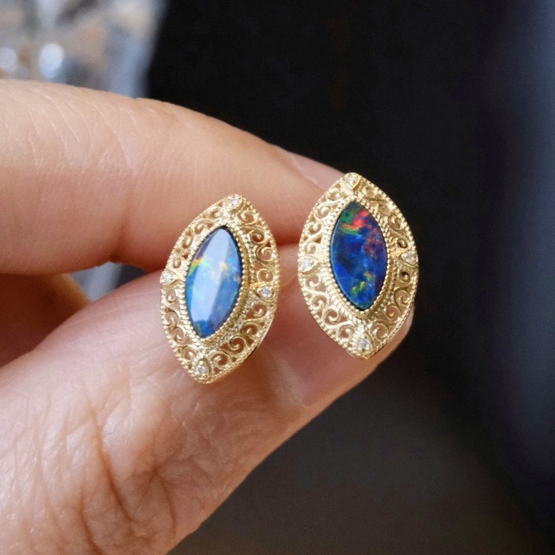 18k Gold Australian Opal Studs/diamond Halo Opal Studs/marquise Real Opal Earrings/handmade ...