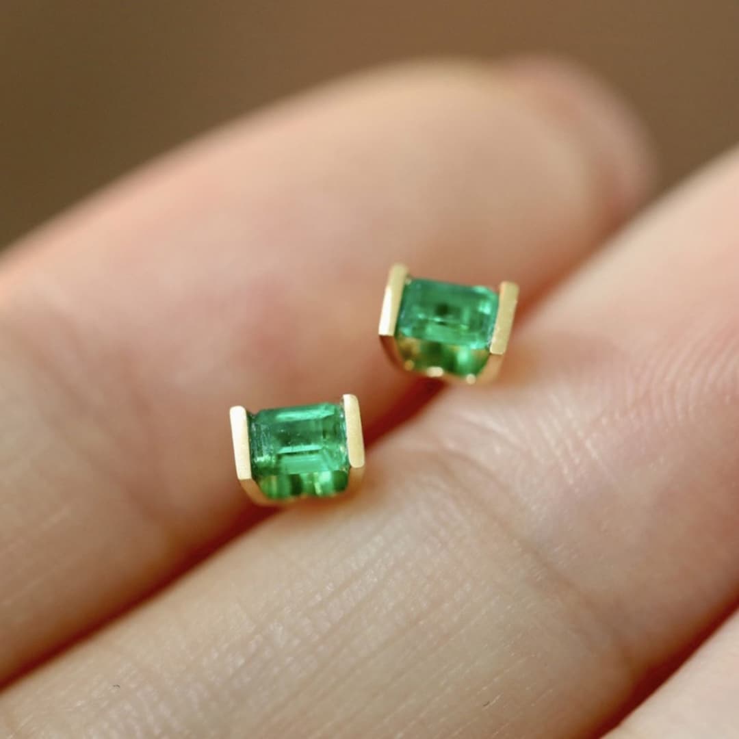 Unique Genuine Emerald Stud Earrings/18k Solid Gold Emerald Cut Emerald Studs/dainty Emerald ...