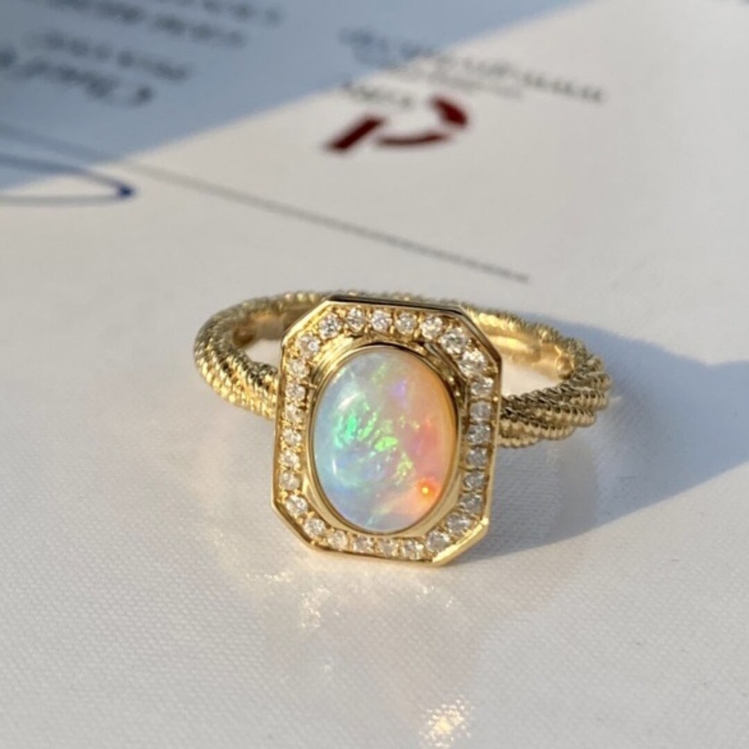 18k Solid Gold Natural Opal Ring/natural Australian Opal Ring/halo ...