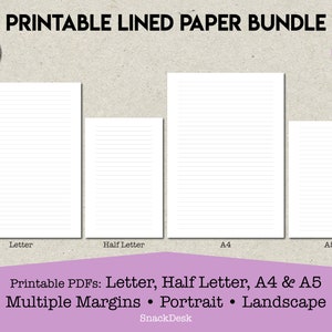Printable Lined Paper Bundle PDF | US Letter, Half Letter, A4 A5 | Note ...