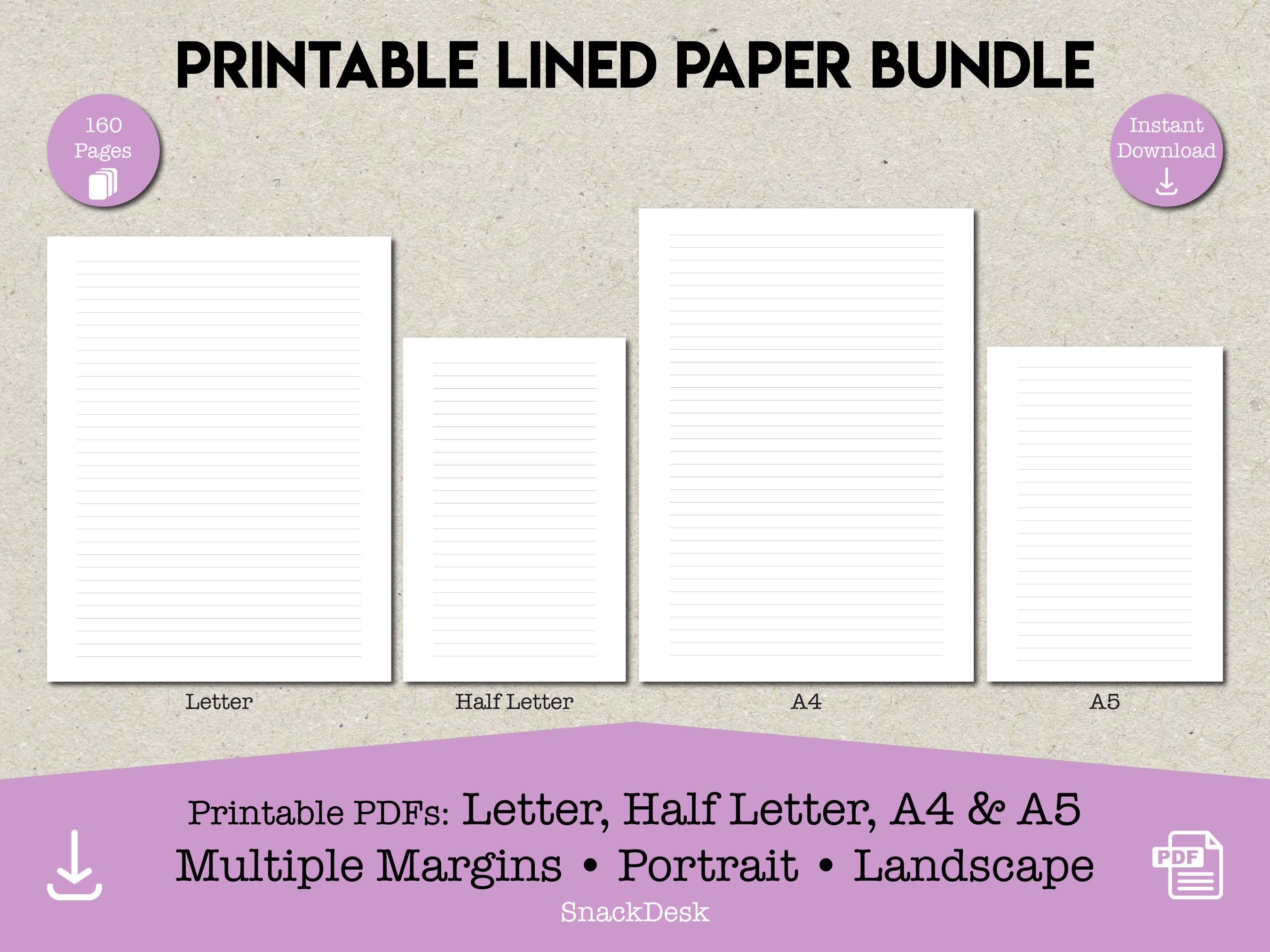 Printable Lined Paper Bundle PDF US Letter Half Letter A4 - Etsy