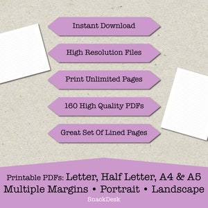 Printable Lined Paper Bundle PDF | US Letter, Half Letter, A4 A5 | Note ...