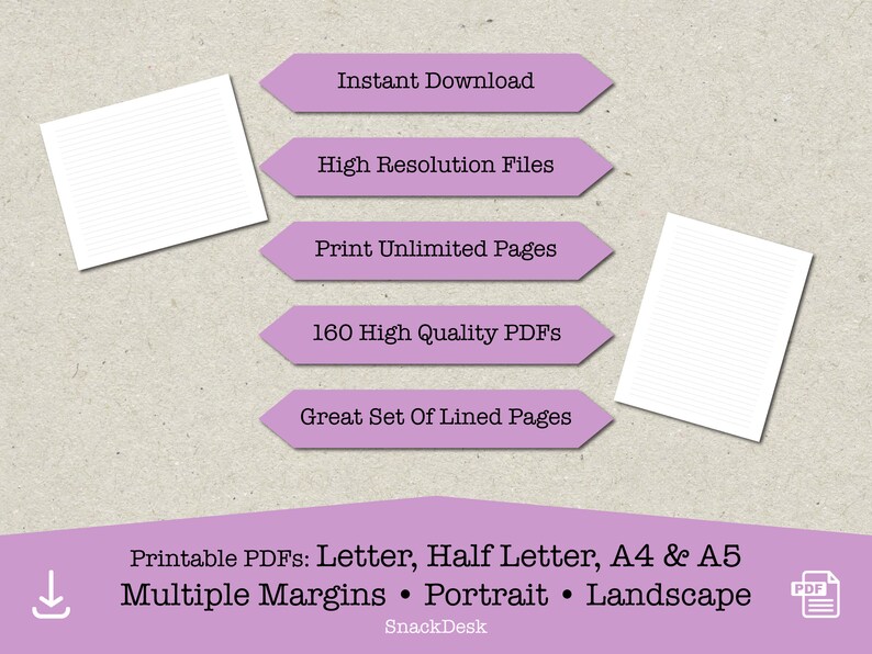 Printable Lined Paper Bundle PDF | US Letter, Half Letter, A4 A5 | Note ...