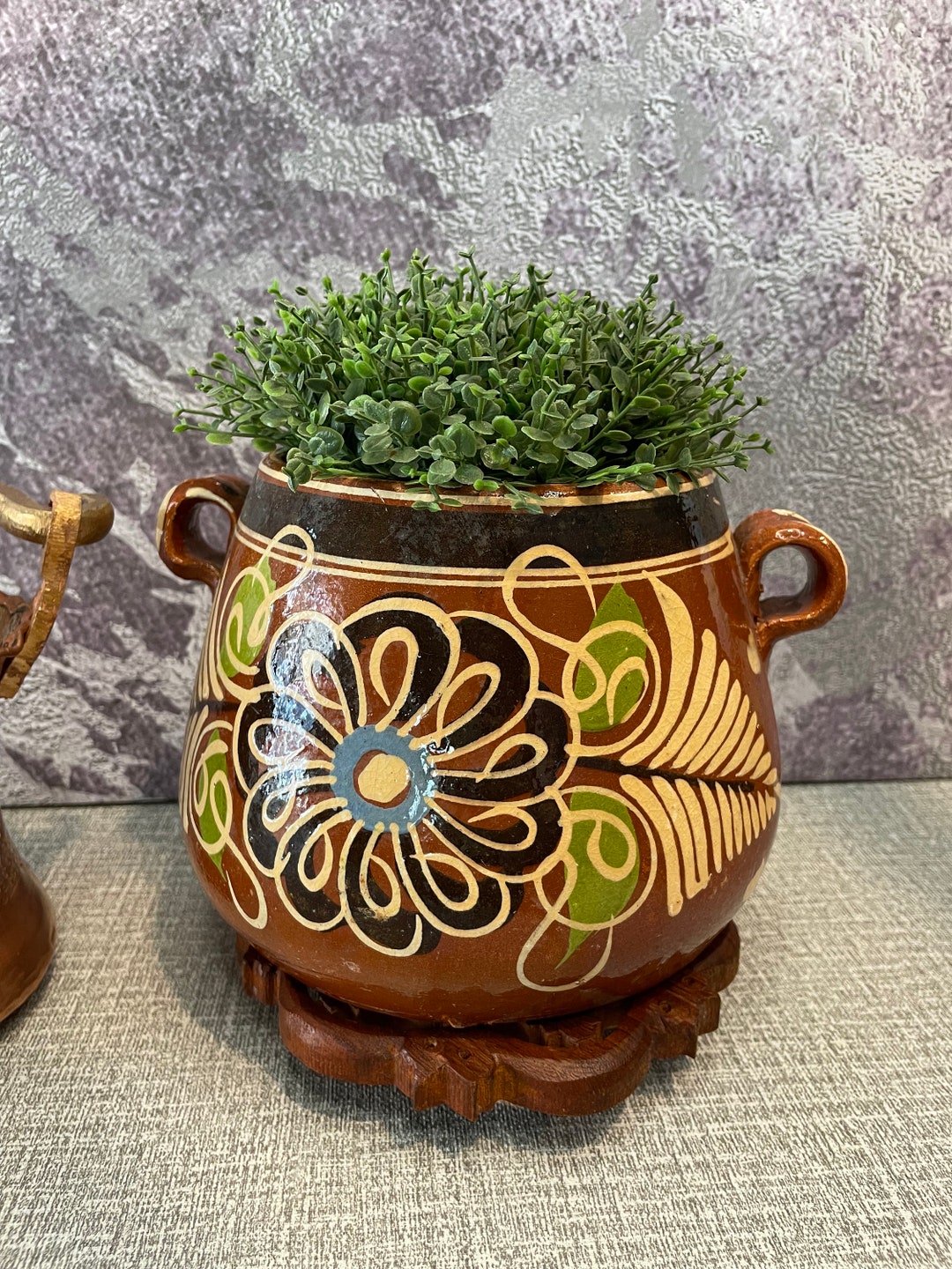 Vintage Mexican Double Handled Clay Pot With Floral Design Mid Century ...