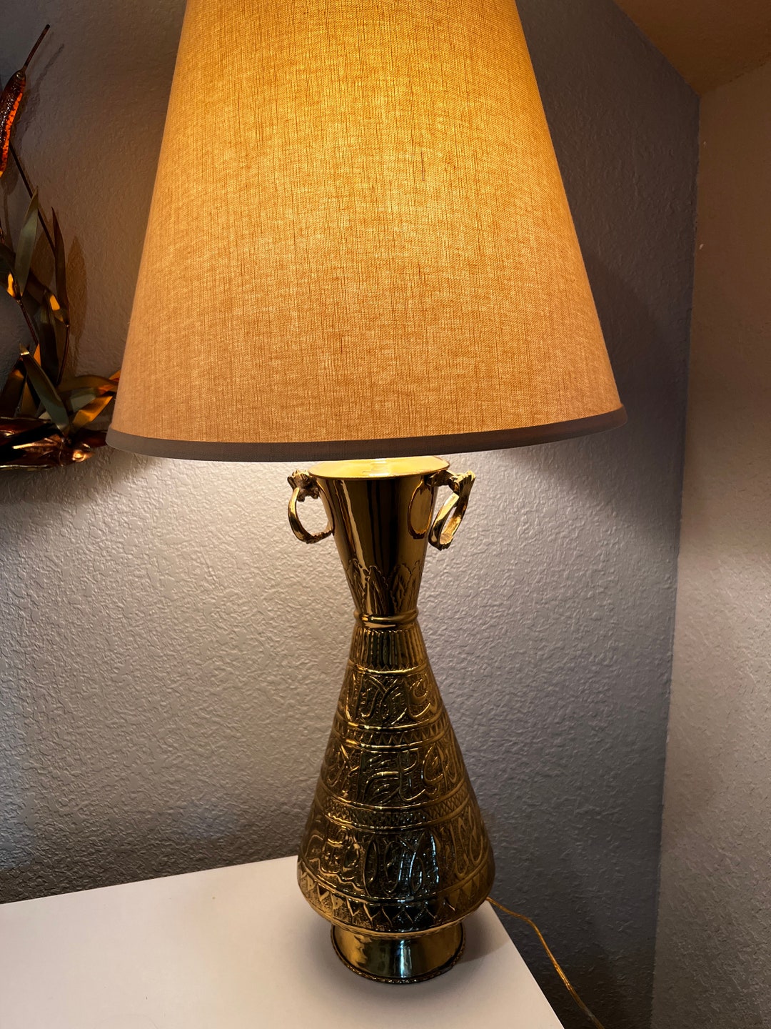 Brass Table Top Urn Lamp With Two Ring Handles and Unique Design Shades ...