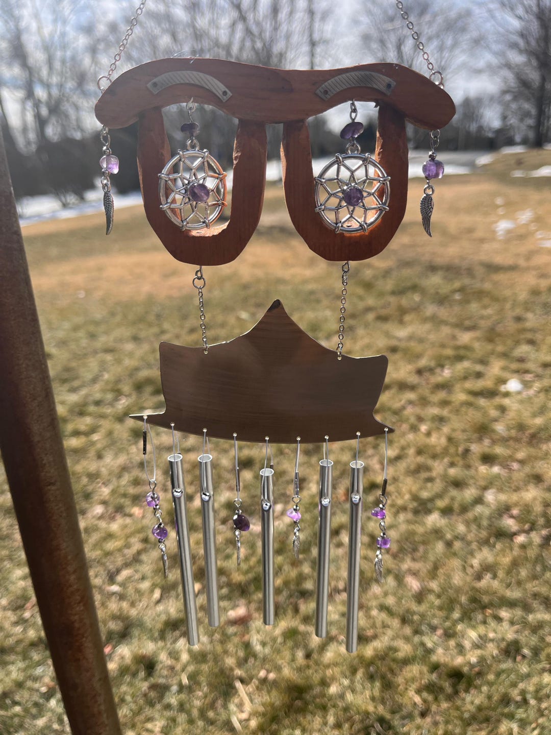 Recycled Cymbal Dream Catcher Owl Eyes Garden Nature Wind Chime, Gift ...