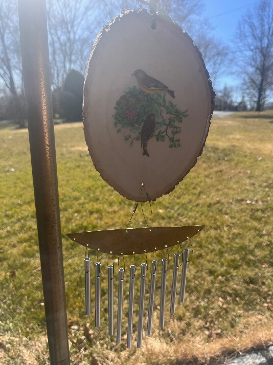 Recycled Cymbal Bird Themed Wood Tree Trunk Wind Chime, Gift for ...