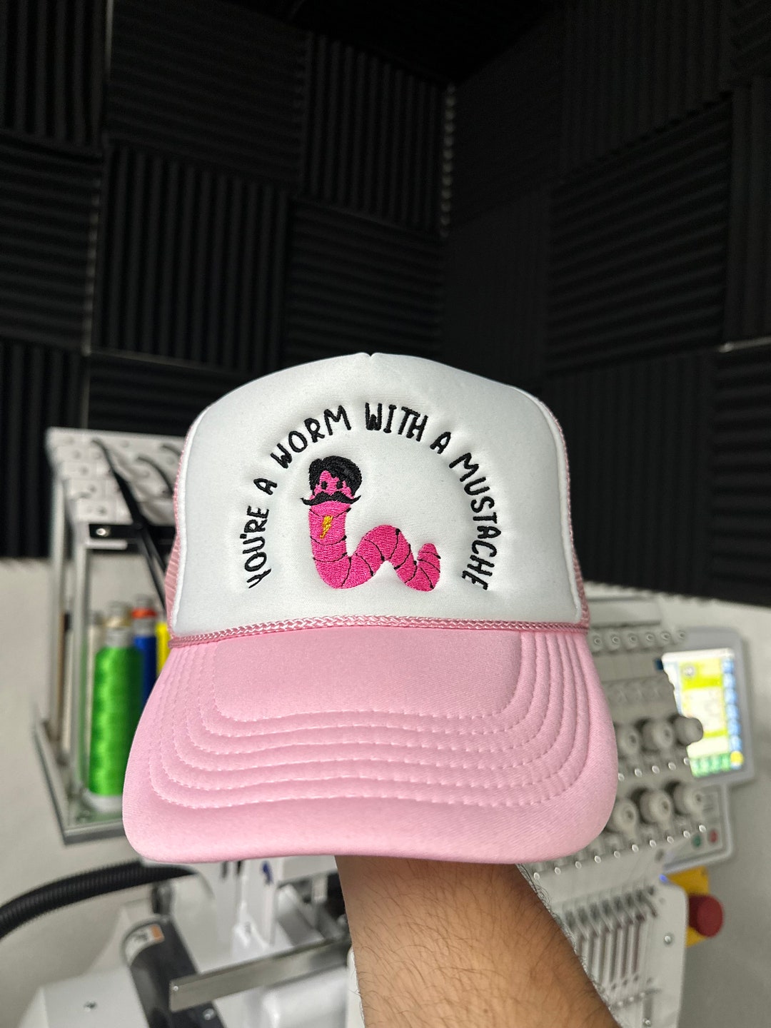 Youre A Worm With A Mustache Hat, Trucker Hat Pink/white, James Tom ...