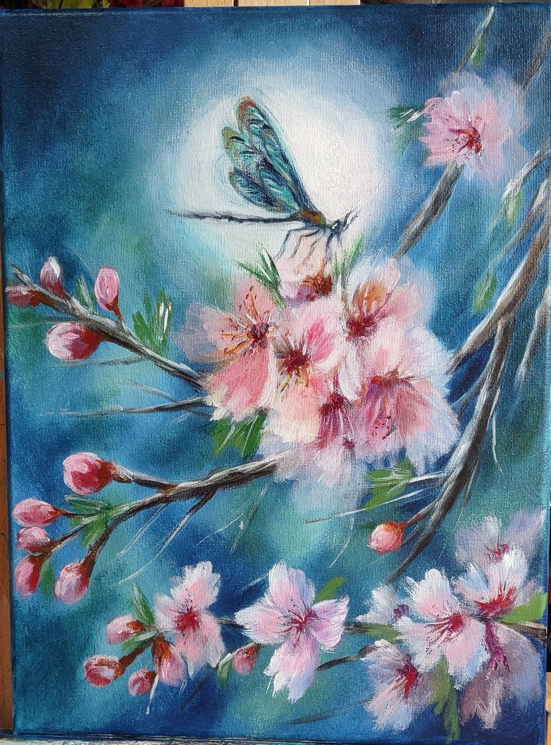 Cherry Blossom Painting: Dragonfly, Moonlight, Poland Art - Etsy