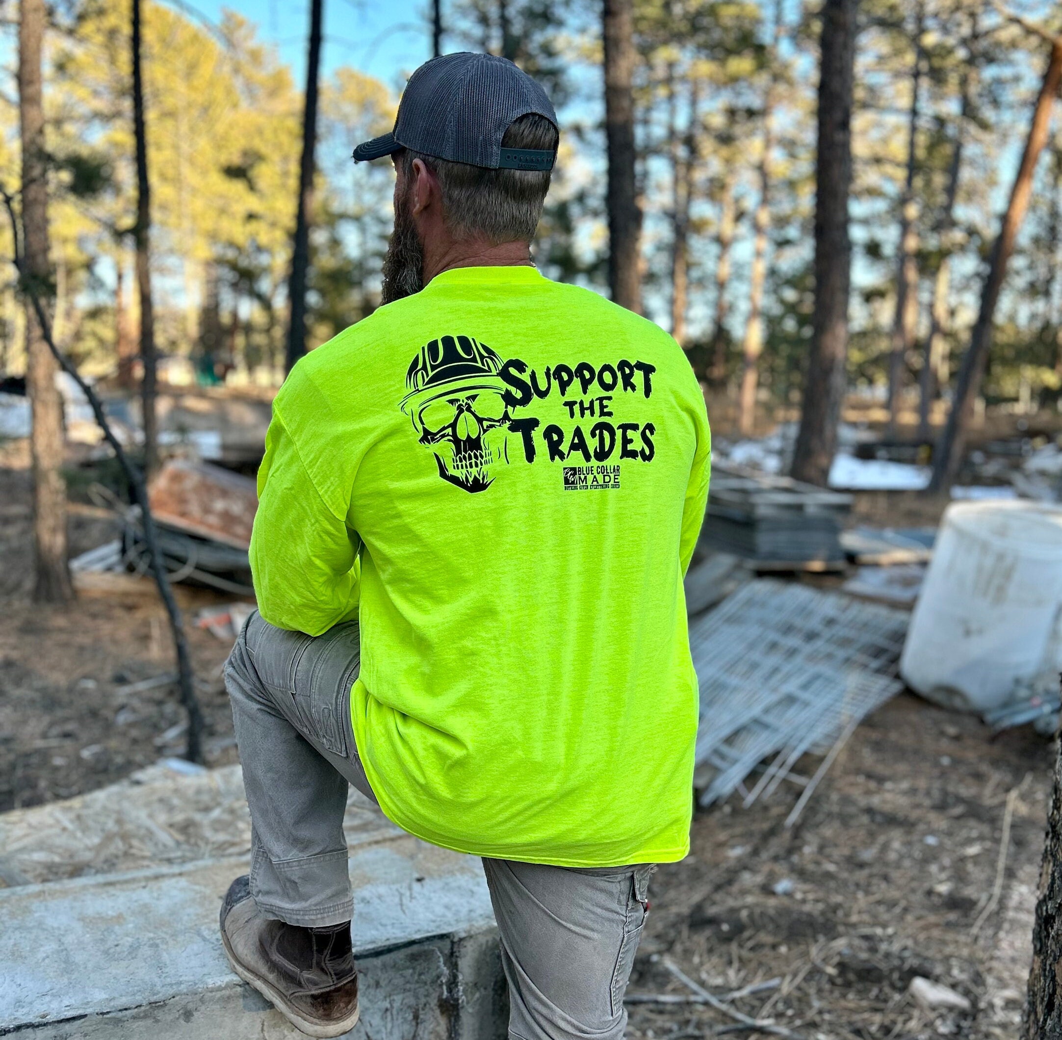 Support the Trades Skull High Viz Shirt Blue Collar T-shirt Tradesmen ...