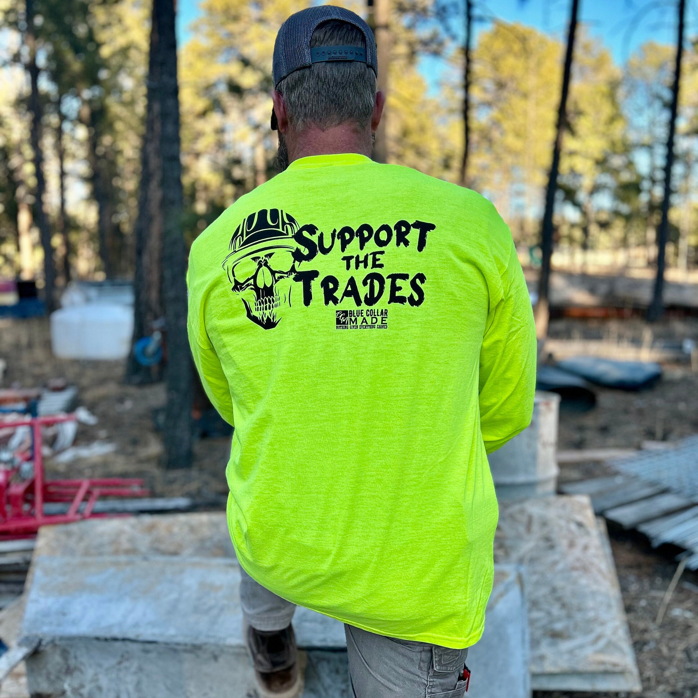 Support the Trades Skull High Viz Shirt Blue Collar T-shirt Tradesmen ...