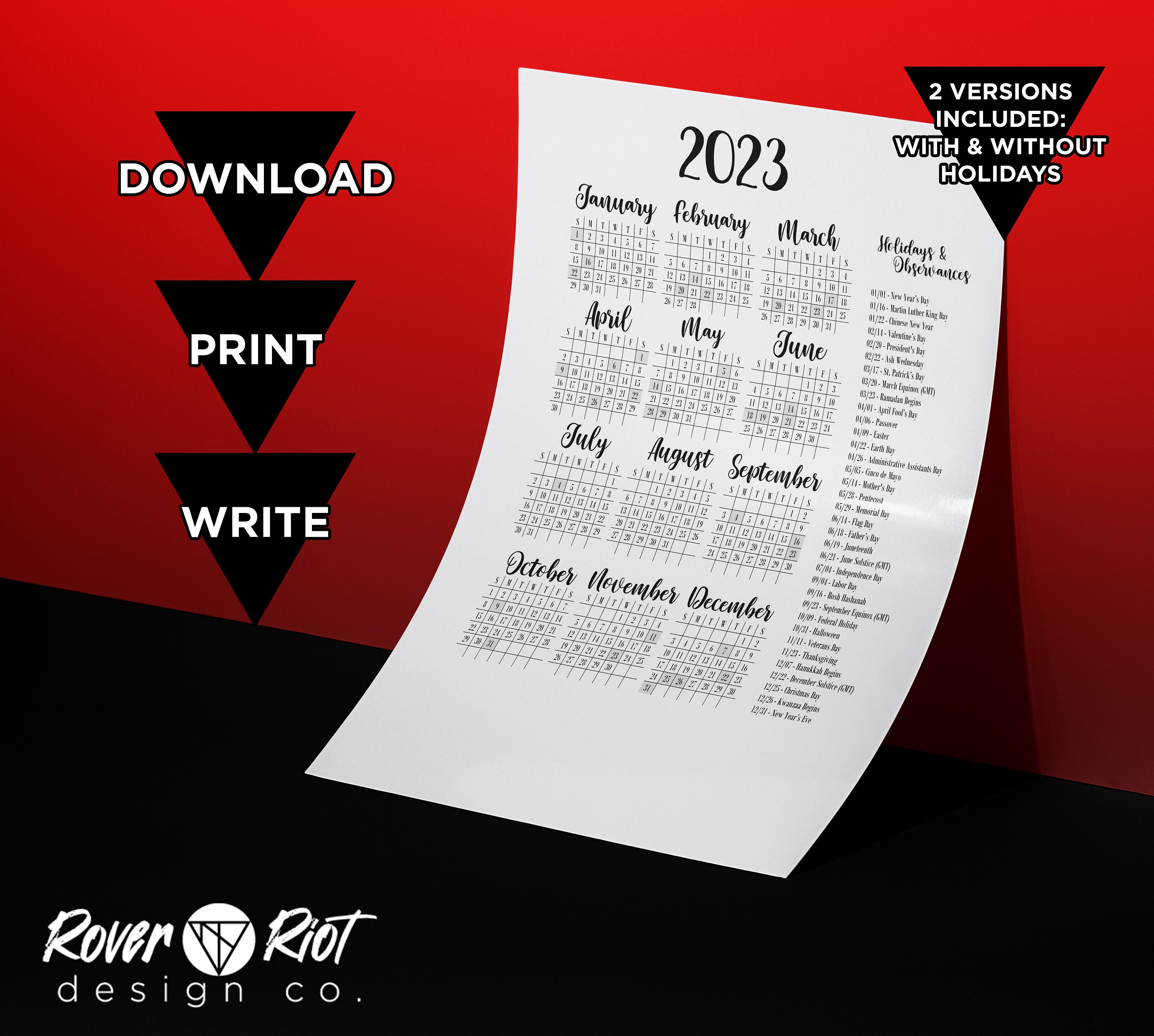 Yearly Calendar - Printable - Digital Download - Etsy