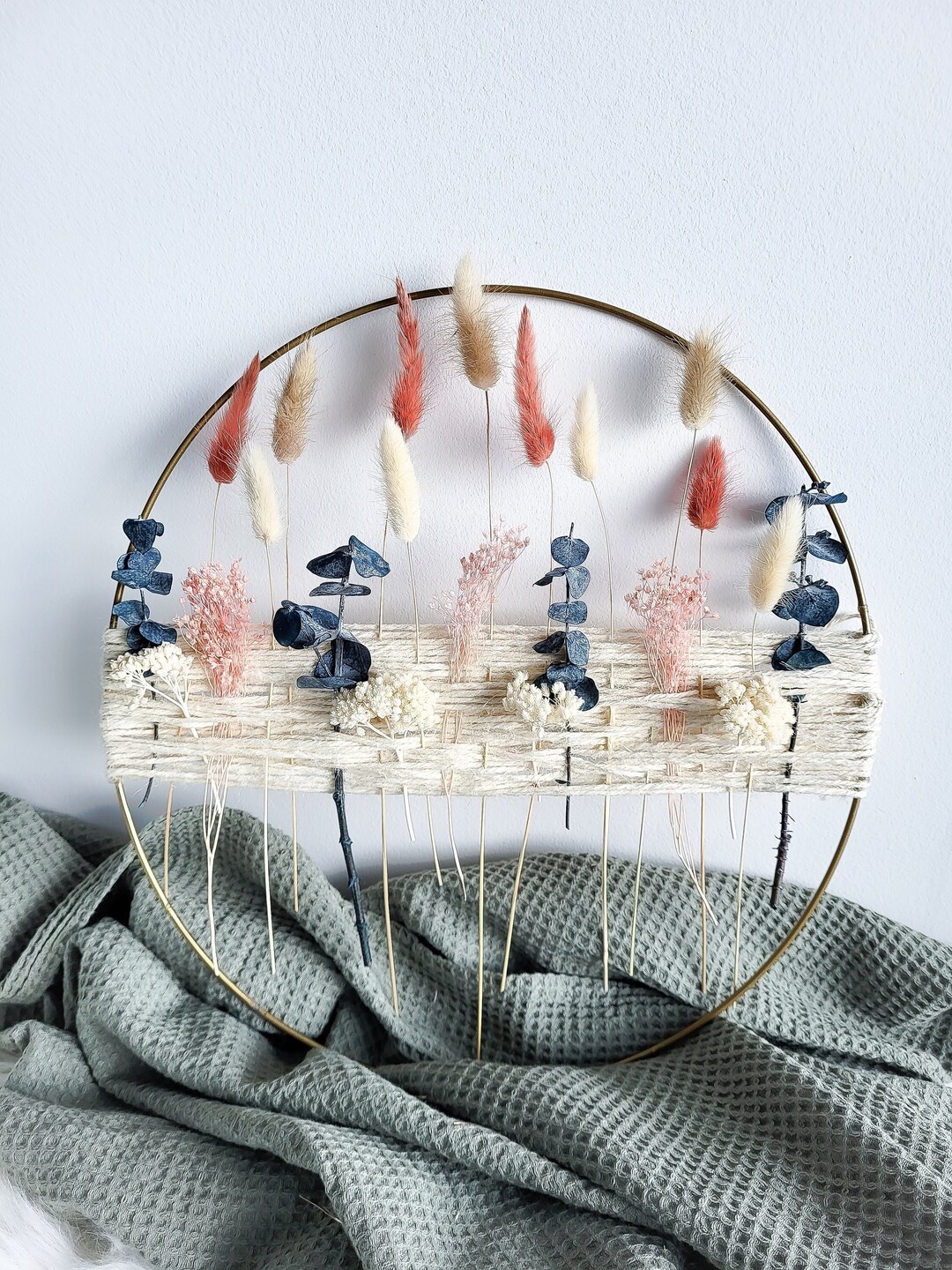 Dried Floral Hoop Wreath, Boho Rustic Gold Ring With Jute Twine, Window ...