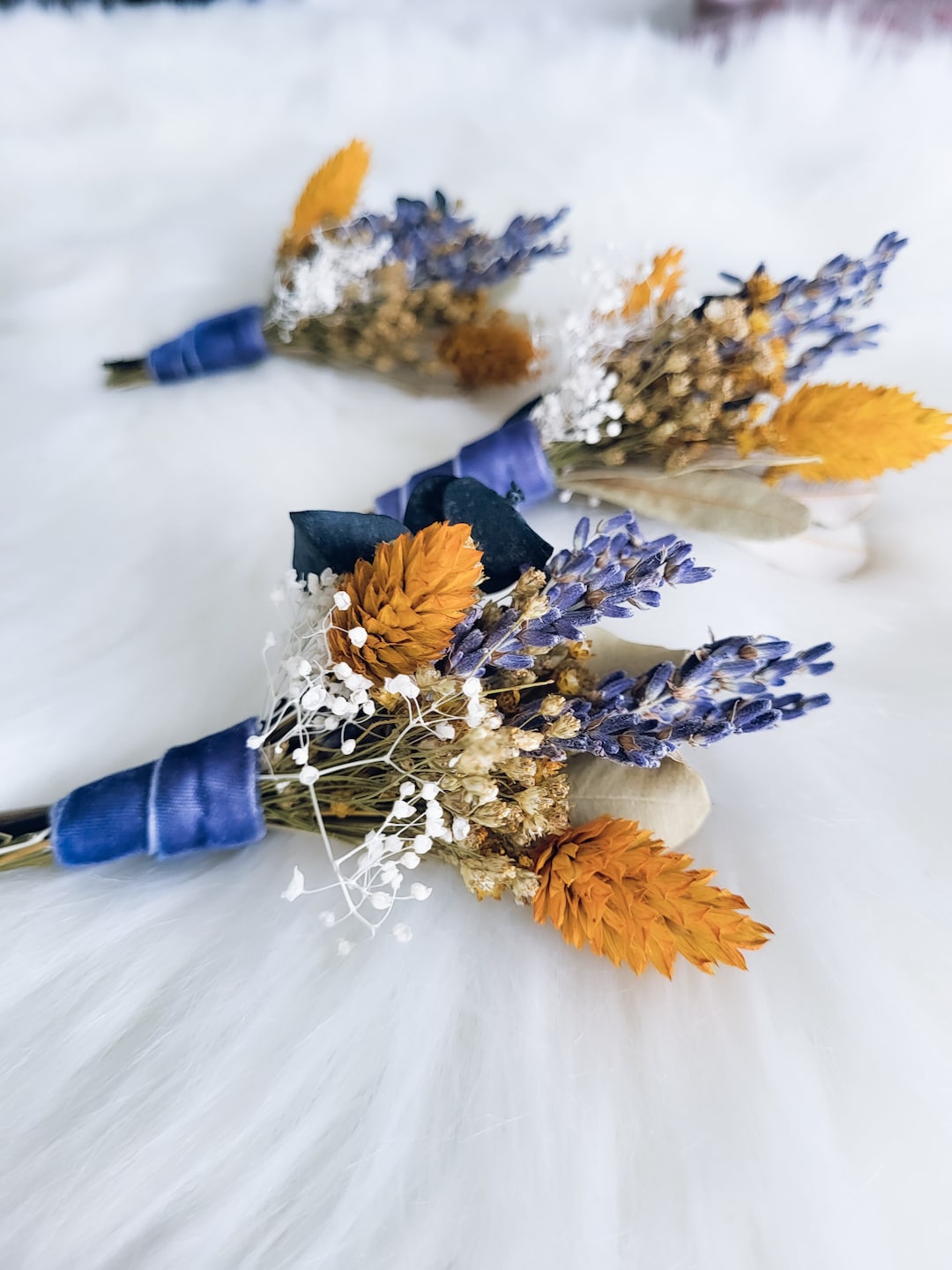 Blue and Yellow Boutonniere, Fall Boutonniere, Baby Breath, Lavender ...