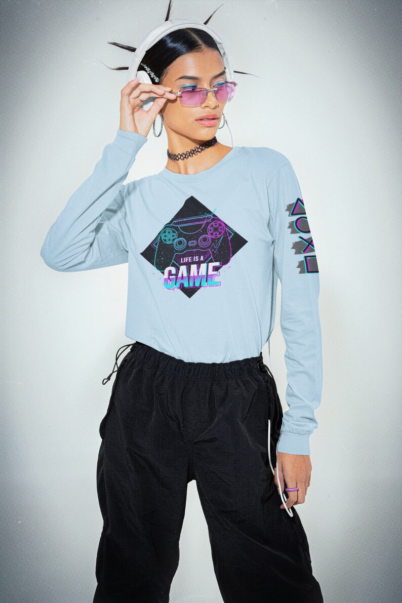 Gamer Shirt - Life is a Game - Long Sleeve Baby Blue or Ash Light Gray ...