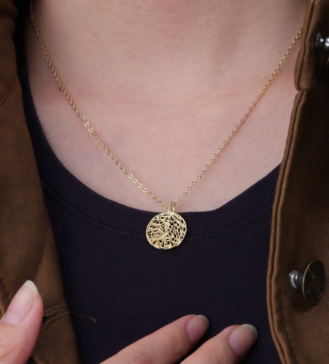 14K Gold Full Moon Medallion Necklace: Dainty Lace Disc Pendant - Etsy