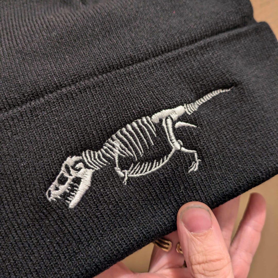 Black Beanie With Embroidered T-rex Skeleton - Thick and Warm Dinosaur ...