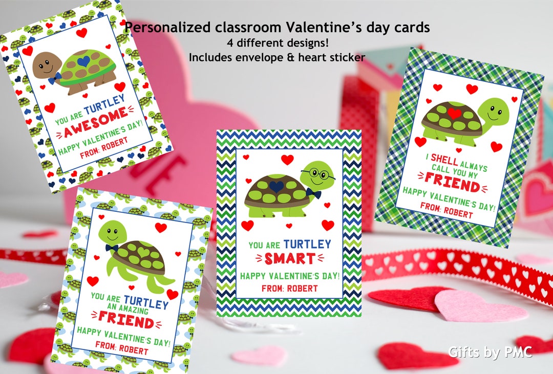 PRINTED Personalized Turtle Classroom Valentine's Day Cards, Turtle ...
