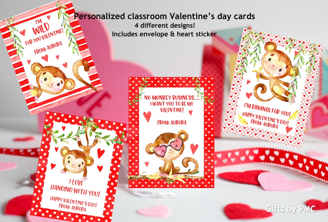 PRINTED Personalized Monkey Classroom Valentine's Day Cards, Monkey ...