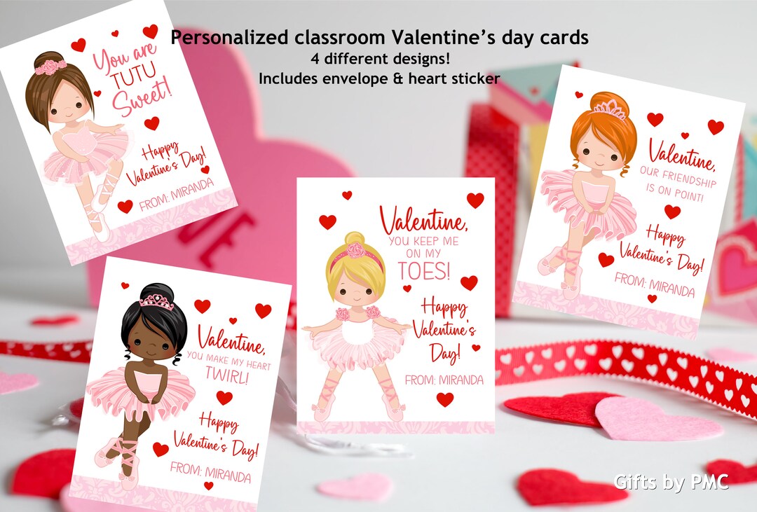 PRINTED Personalized Ballerina Classroom Valentine's Day Cards, Ballet ...