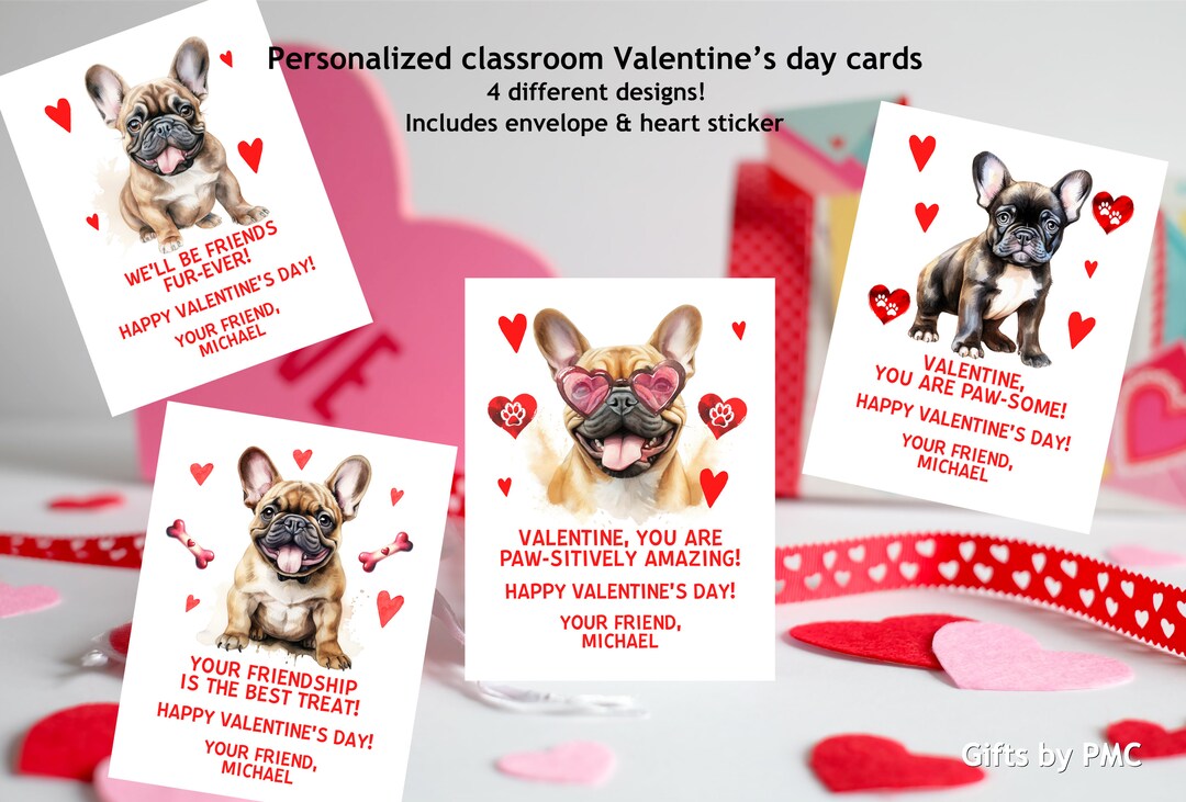 PRINTED Personalized French Bulldog Classroom Valentine's Day Cards ...