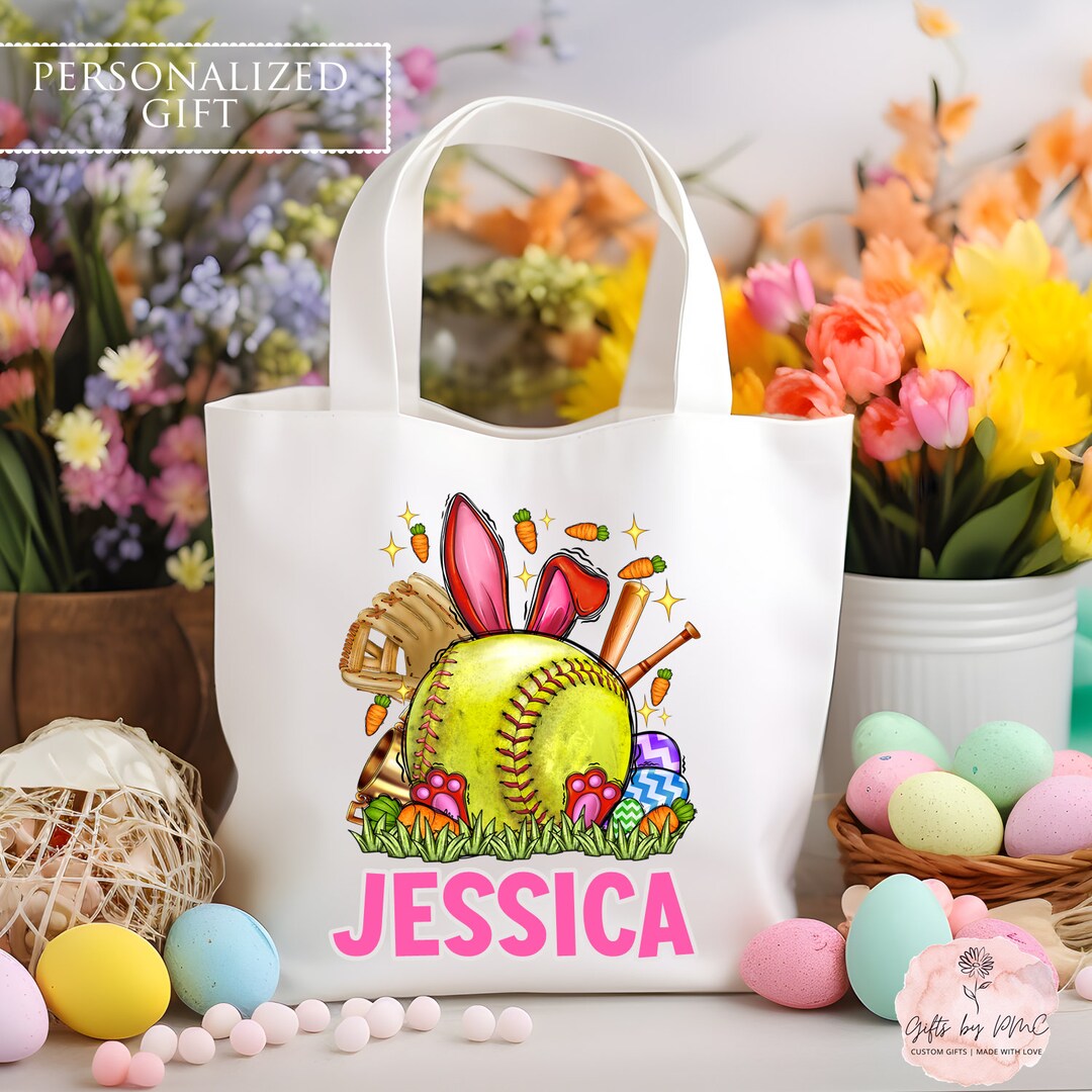 Personalized Easter Tote Bag, Easter Egg Hunt, Softball Easter Basket ...