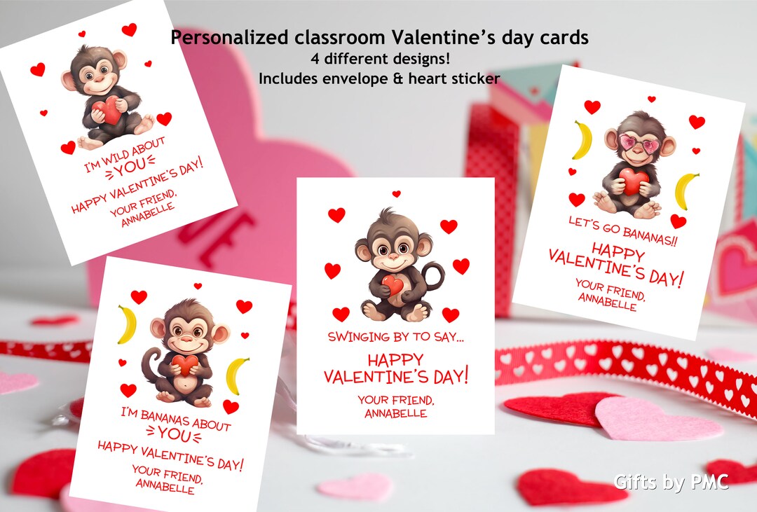 PRINTED Personalized Monkey Classroom Valentine's Day Cards, Chimpanzee ...
