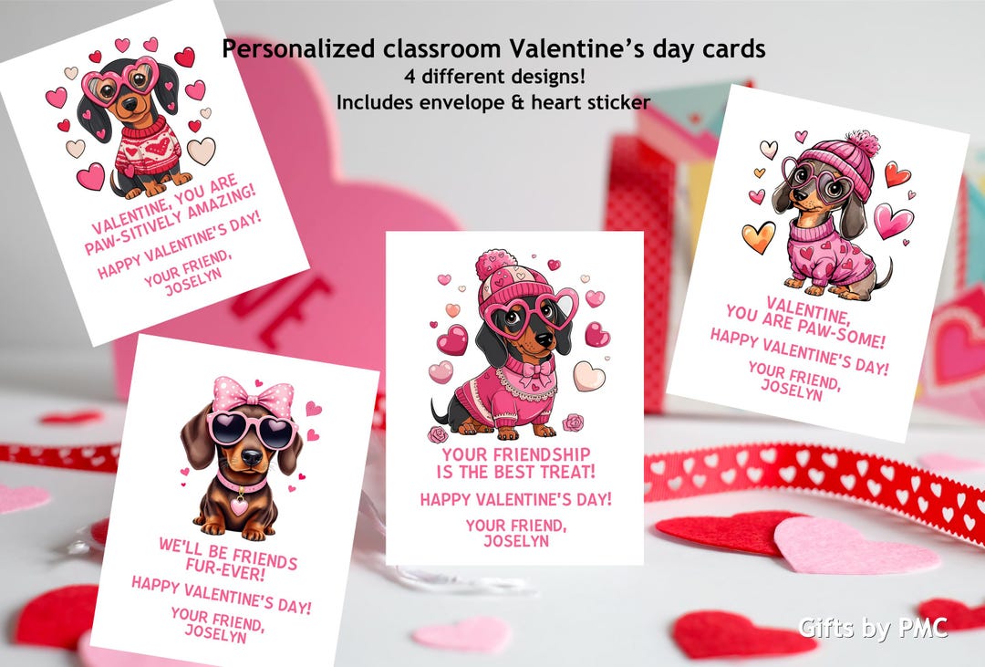 PRINTED Personalized Dachshund Classroom Valentine's Day Cards, Weiner ...